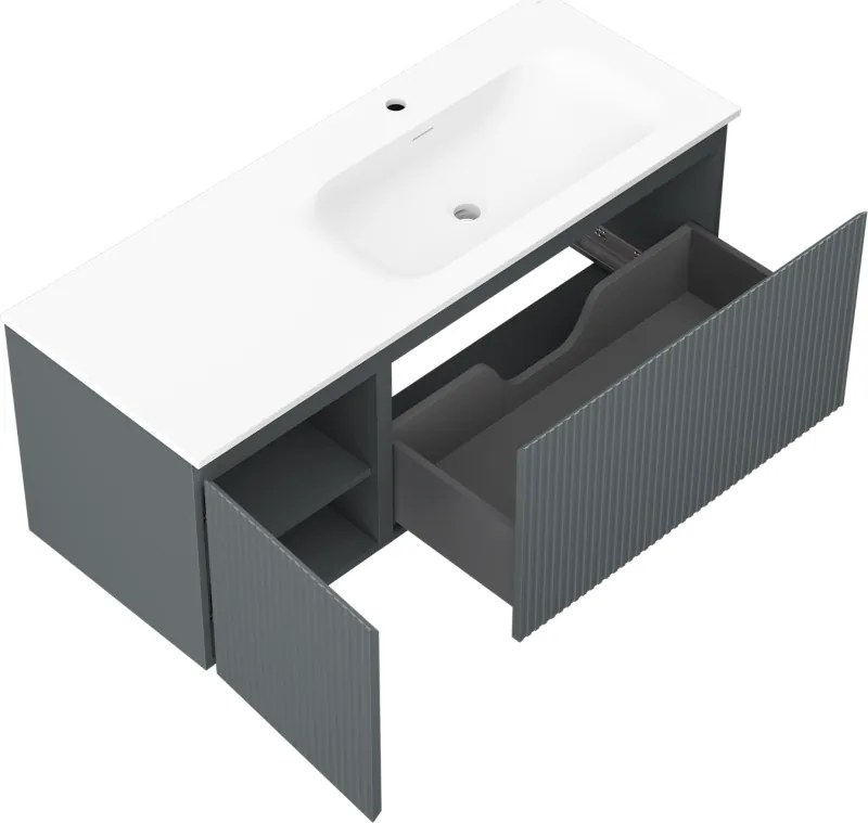 Mexen Rivel, koupelnová skříňka 120 cm s pravým umyvadlem Vela, 1S, 1D, drážkovaná, grafitová/bílá matná, 91A23-12047-3-BBFF66-W23P01