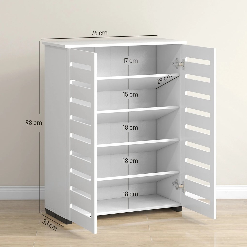 HOMCOM 5-úrovňový botník s 4 nastavitelnými policemi a mřížkovými dveřmi, moderní úsporný organizér na boty z dřeva, 76x33x98 cm, bílý