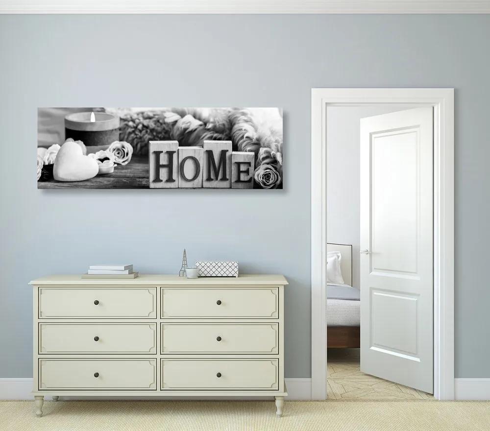 Obraz zátiší s nápisem Home v černobílém provedení - 150x50 cm