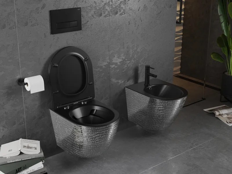 Mexen Lena WC mísa Rimless s pomalu klesající deskou slim, duroplast, černá matná/stříbrný vzor šupiny - 30224072
