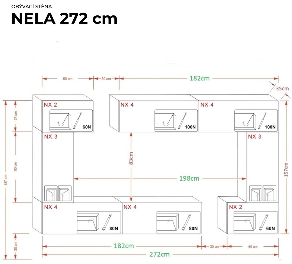 Ral Obývací stěna NELA 8, 272 cm - Bílo/černý lesk