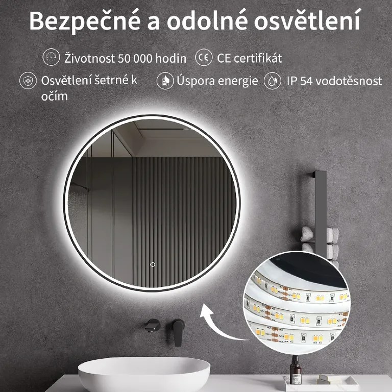 CERANO - Koupelnové LED zrcadlo Vito, kovový rám - černá matná - Ø 60 cm