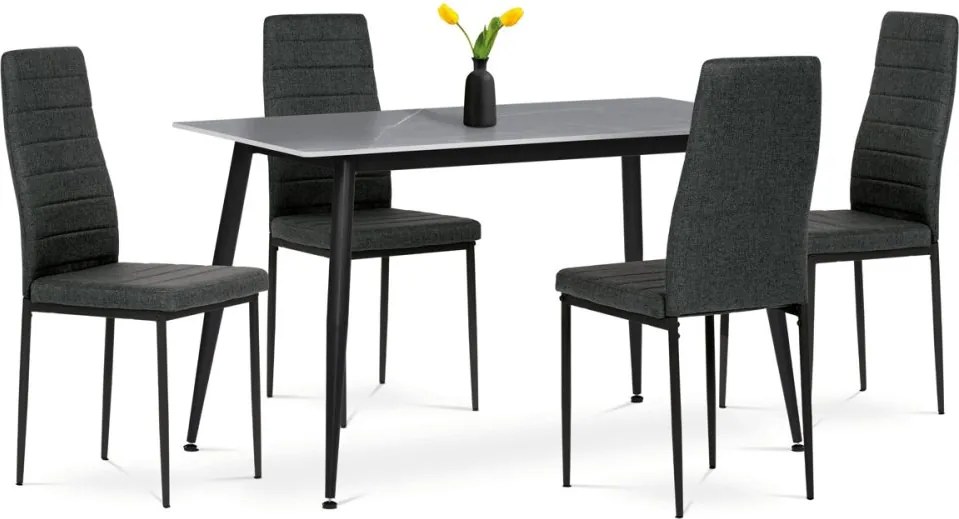 Jídelní set 1+4, stůl 130x70, deska slinutý kámen v imitaci šedého matného mramoru, židle zelená látka, černý lak
