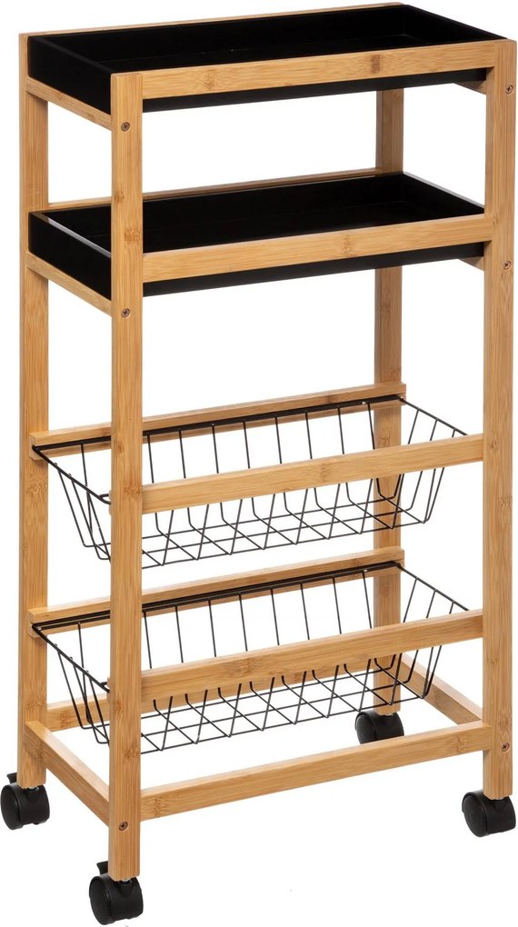 Kuchyňský vozík z bambusu, 2 koše, odnímatelné podnosy