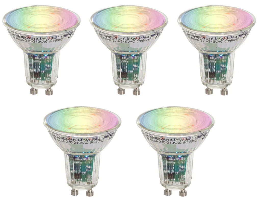 Sada 5 chytrých LED žárovek GU10 jasných RGBW 4,5W 350 lm 2700-6000K