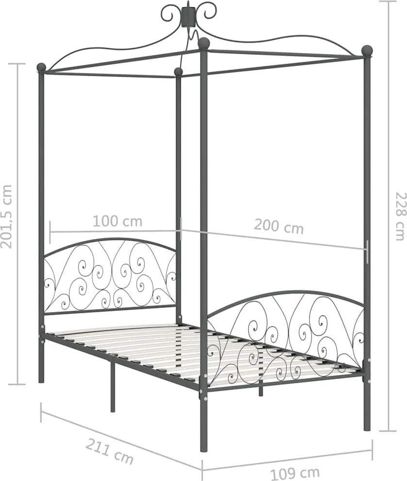 Rám postele s nebesy šedý kovový 100 x 200 cm 284481