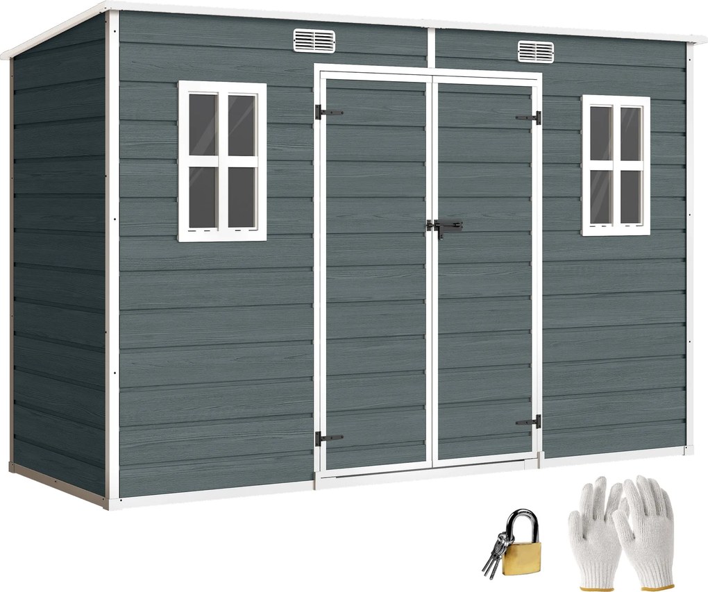 Outsunny zahradní domek 3,2 m² (303 × 123 × 197 cm) — plastový skladovací domek s okny, dvoukřídlými dveřmi, uzamykatelným větráním a podlahou ve vzhl