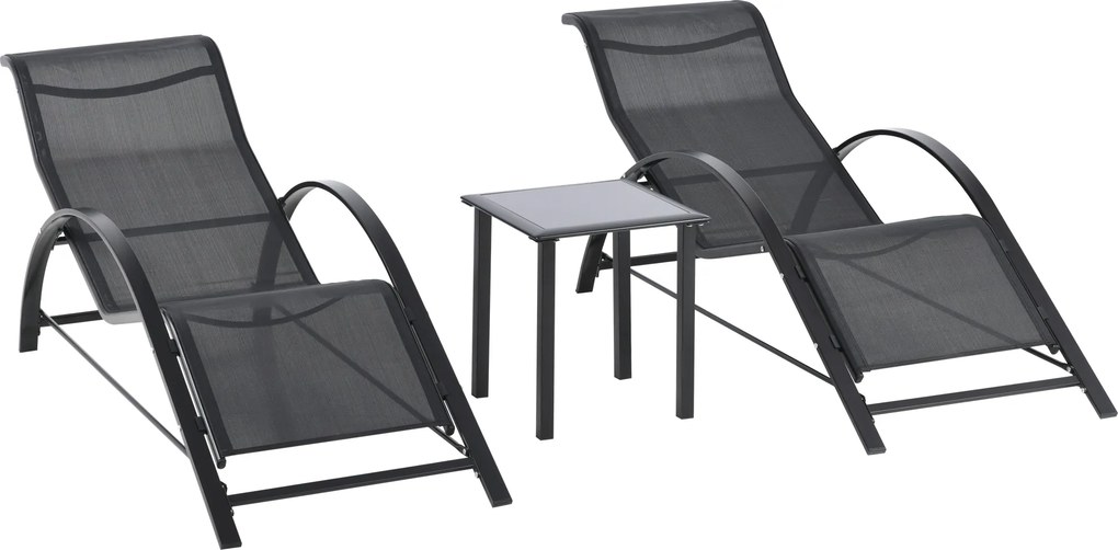 Outsunny Sada Zahradních Lehátků Metal Mesh 3-dílná Sada Lehátka se Servírovacím Stolkem Zahradní Nábytek se 2 Lehátky a 1 Bočním Stolkem Skupina Sed…