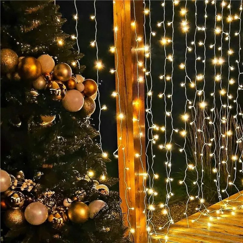 LED světelný závěs - 3x2m, 200LED, 8 funkcí, ovladač, paměť, IP20, teplá bílá