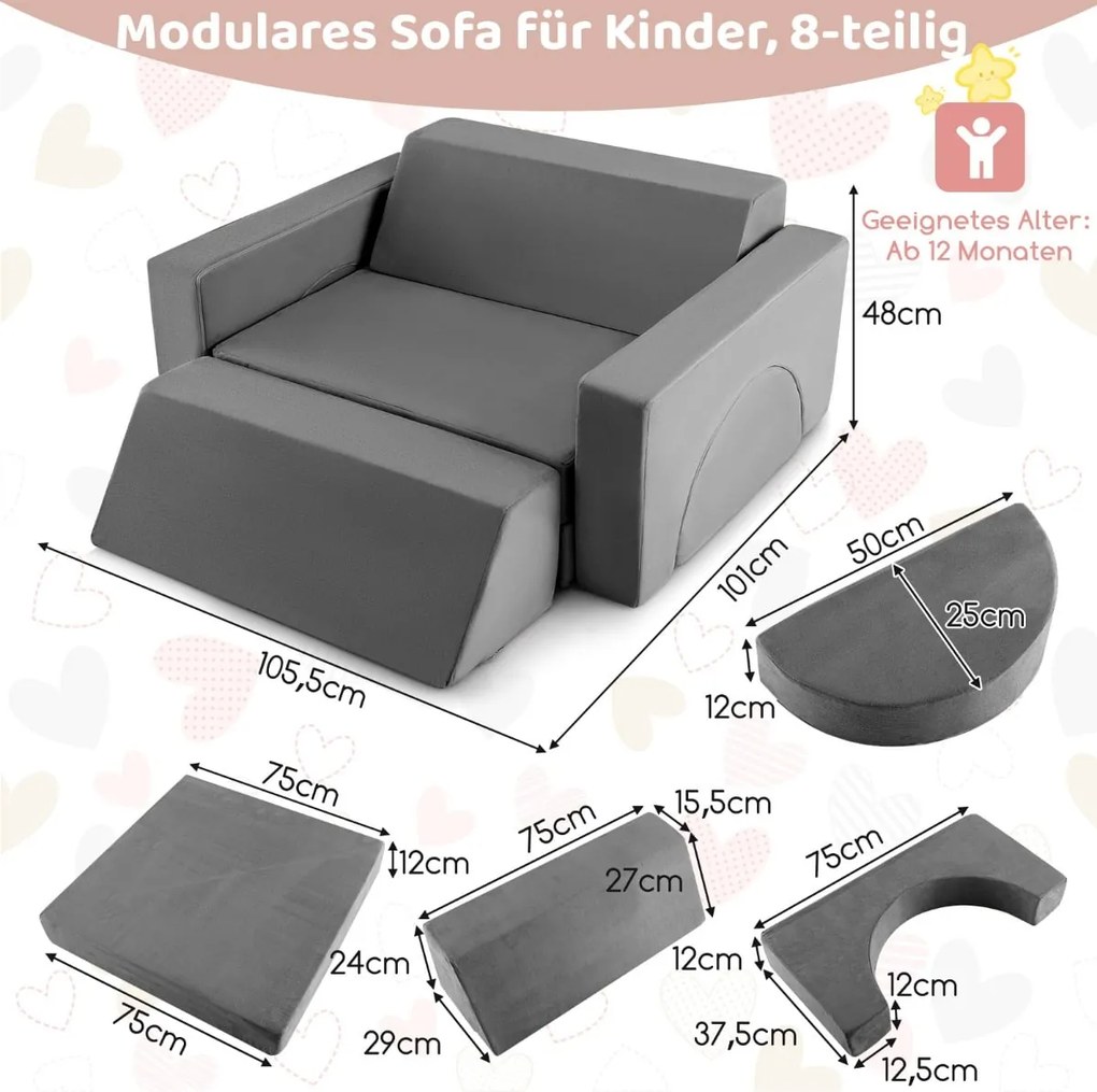 Costway Modulární dětská pohovka Play Sofa Modulární pohovka s – šedá