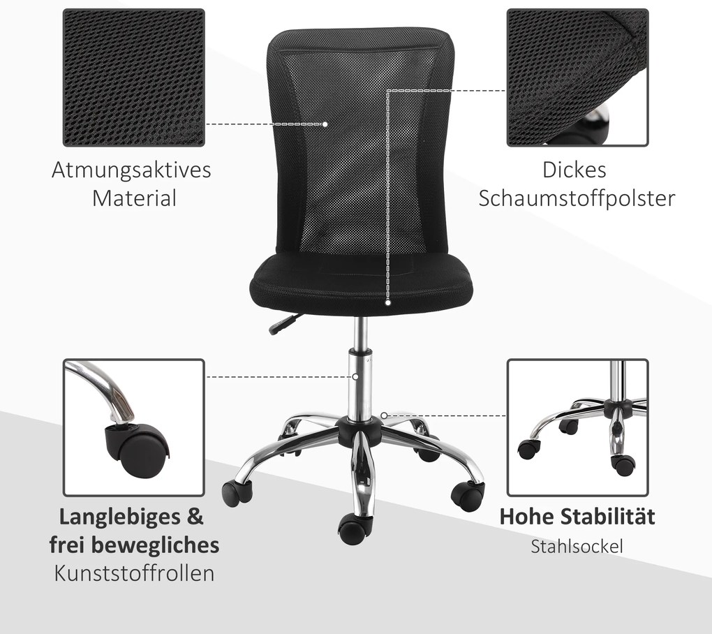 Kancelářská židle Vinsetto bez područek, ergonomická kancelářská židle, výškově nastavitelná, max. nosnost 100 kg, černá | Aosom