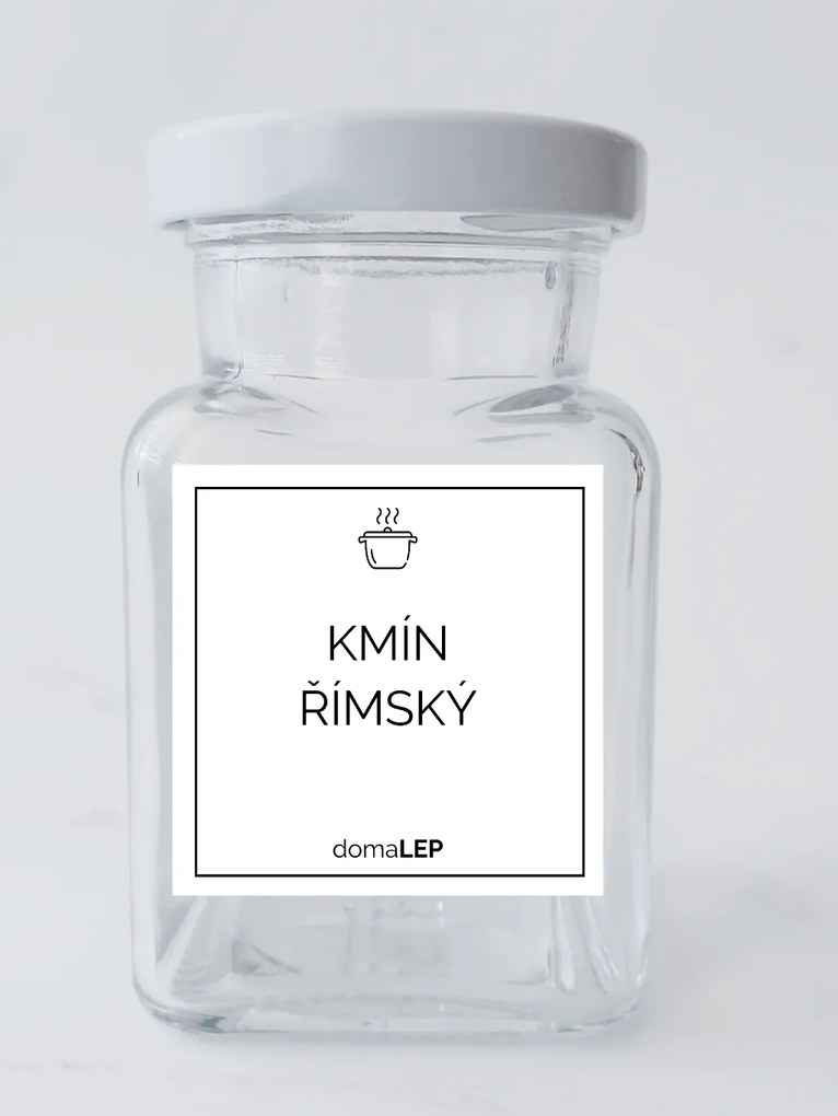 Samolepka na kořenky KMÍN ŘÍMSKÝ bílá 5 × 5 cm základní písmo