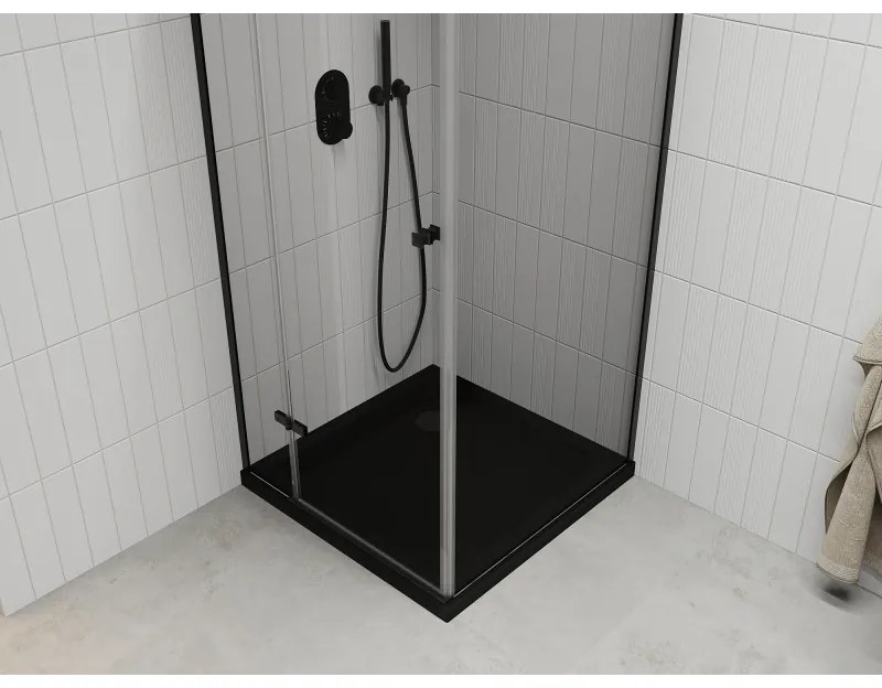 Mexen Roma, sprchový kout s 1-křídlými dveřmi 80 (dveře) x 80 (stěna) cm, 6mm čiré sklo, černý profil, slim sprchová vanička 5cm černá s černým sifonem, 854-080-080-70-00-4070B
