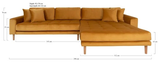 Designová sedačka s otomanem Ansley hořčicový samet - pravá