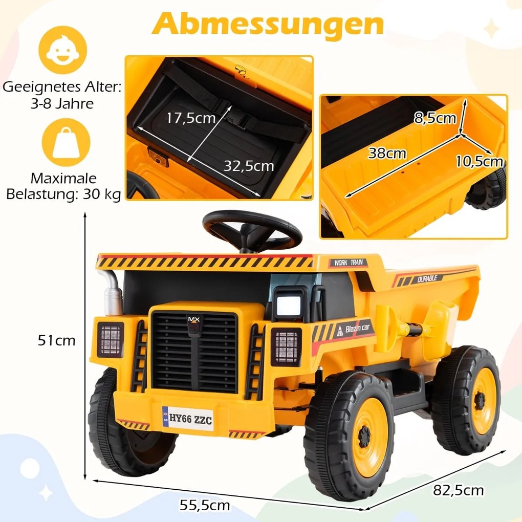 Costway 24 V dětský elektrický sklápěč 4 kolový stavební stroj s vyklápěcí