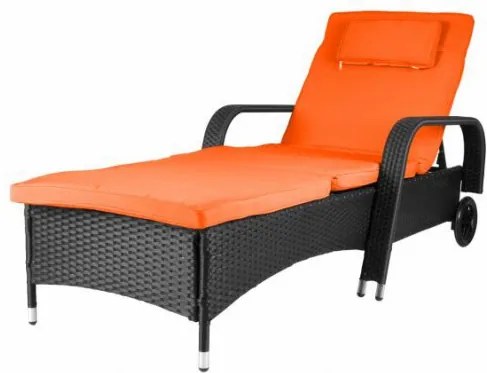 Polohovatelné luxusní ratanové lehátko s kolečky - oranžové