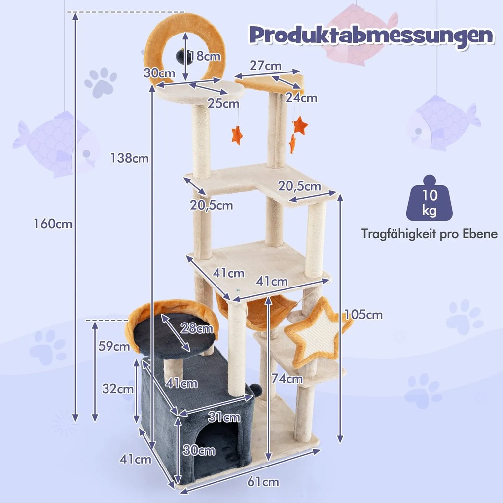 Costway 160 cm Škrabadlo se sisalovým Škrabadlem a prknem a domečkem