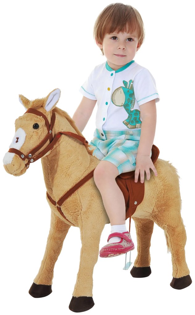 HOMCOM Houpací kůň Jezdecký kůň Hrací kůň Plyšový kůň se zvukem 85 x 28 x 60 cm Béžový, ideální pro děti na hraní a houpání | Aosom.de
