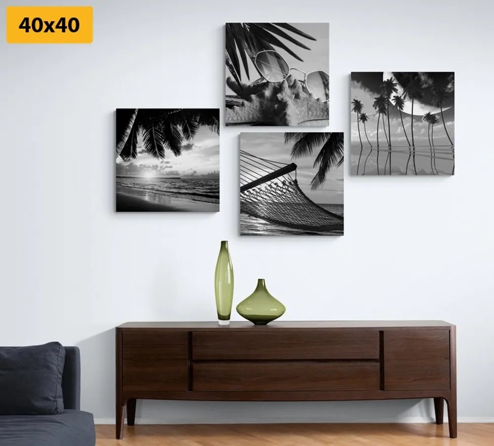 Set obrazů zátiší moře v černobílém provedení - 4x 60x60 cm