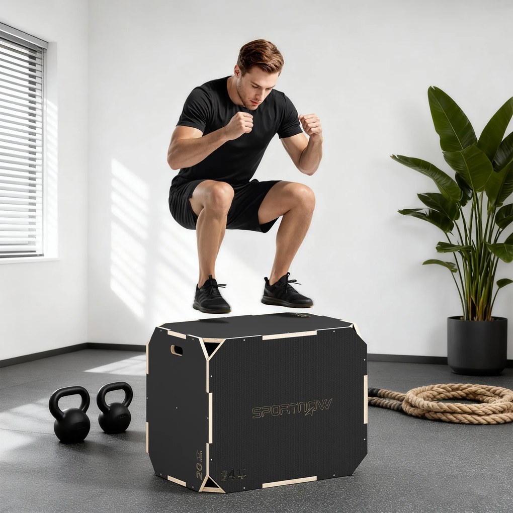 SPORTNOW plyo box 3 v 1, skákací box s otvory pro rukojeti, pro domácí fitness a venkovní trénink, 3 výšky skoku, dřevo, černá barva