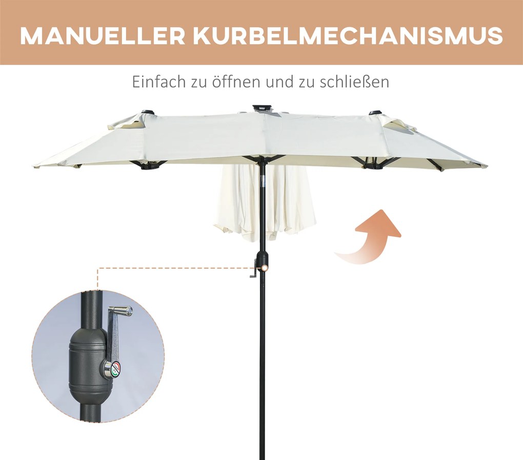 Dvojitý slunečník, terasový slunečník, sklápěcí, se solárním panelem, 35 LED diod, ocelový rám, béžová barva, 2,92 x 1,50 x 2,18 m