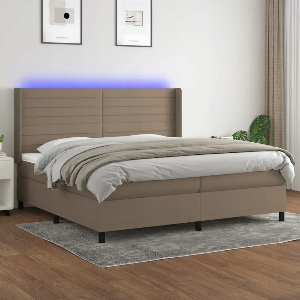 Box Spring Postel S Matrací A Led Textil Taupe vodorovné pruhy 200 x 200