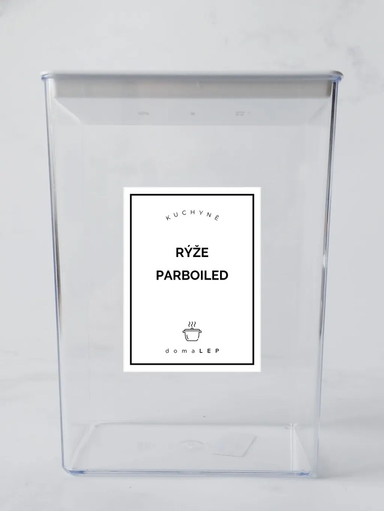 RÝŽE PARBOILED– bílá samolepka na dózu, tučné písmo, 6 x 8 cm | DomaLEP