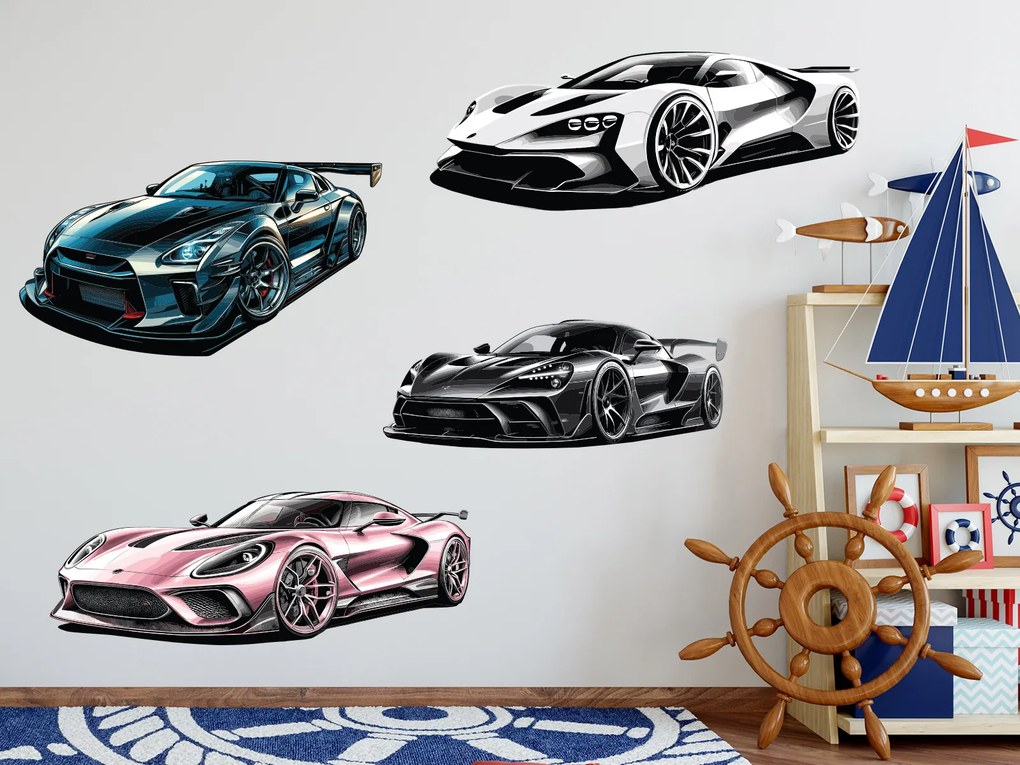 Sportovní auta sada textilní přelepitelné samolepky na zeď arch 46 x 21 cm