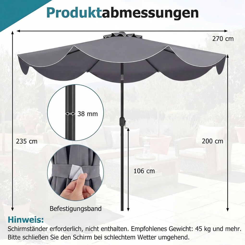 Costway Slunečník 270 cm s funkcí klikání a naklápění s 8 kovovými žebry, šedá