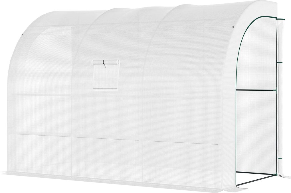 Zimní fóliovník Outsunny s regály a okny, ocelový nástěnný fóliovník na balkon a zahradu, skleník pro rajčata 300x150x213 cm, fóliovník na zeleninu, k