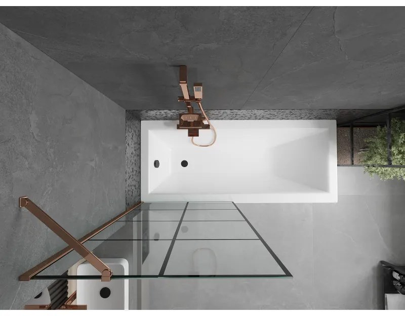 Mexen Next, vanová zástěna 1-křídlová 80 x 150 cm, fixní křídlo, 6 mm čiré sklo s černým vzorem, růžové zlato profil, 895-080-000-00-77-60