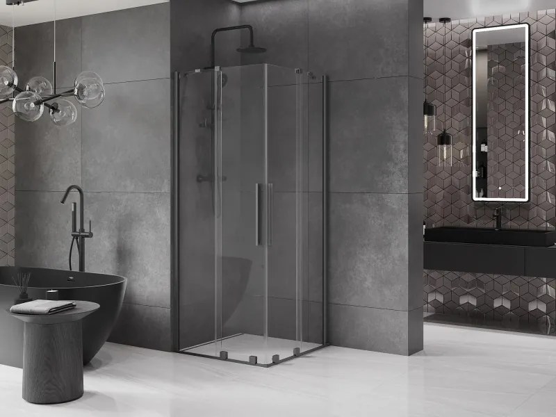 Mexen Velar Duo, sprchový kout s posuvnými dveřmi 90 x 90 cm, 8mm čiré sklo, broušený grafit, 871-090-090-02-95