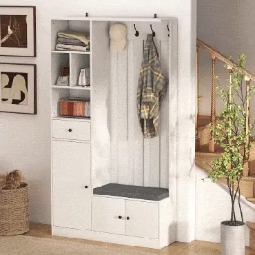 HOMCOM 180 cm skříň na předsíň s věšákem na oblečení, botníkem, 4 háčky, otevřené odkladací plochy, MDF, bílá