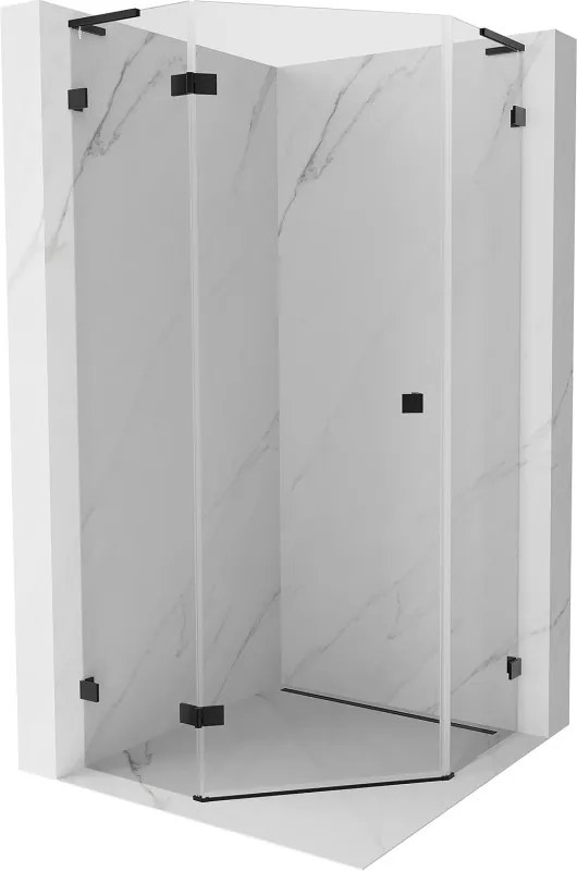 Mexen Lunar, L pětiúhelníkový sprchový kout naklápěcí doleva 80 x 80 cm, 8mm čiré sklo, černý profil, 831L-080L-080P-70-00-L