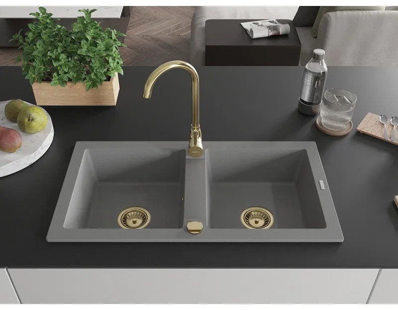 Mexen Mario, granitový dřez 820x436x161 mm, 2-komorový, šedá se zlatým sifonem, 6504822000-71-G