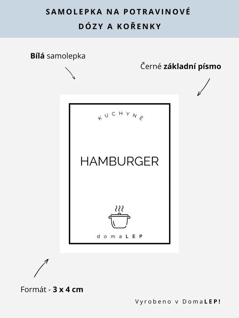 Samolepka na kořenky HAMBURGER bílá 3 × 4 cm základní písmo