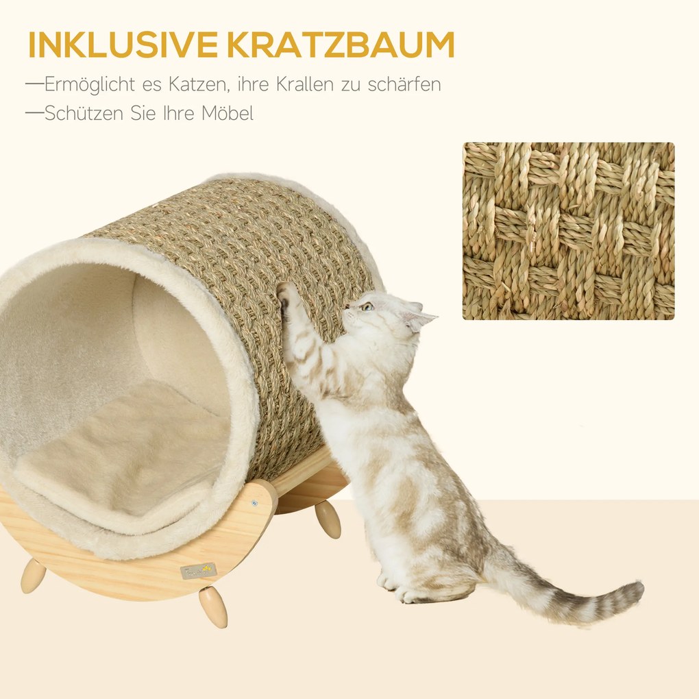 PawHut Kočičí Doupě Kočičí Postel s Policí Kočičí Domek s Škrabacím Padem Vnitřní Borové Dřevo Flanel Khaki+Přírodní Béžová 41 x 38 x 43 cm