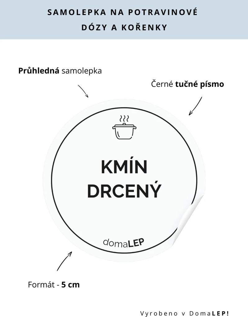 Samolepka na kořenky KMÍN DRCENÝ průhledná 5 cm tučné písmo