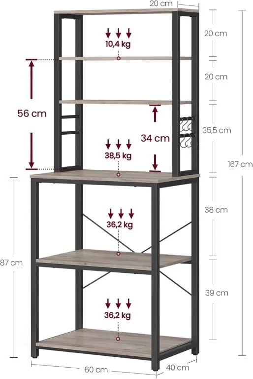 Kuchyňský regál 6 polic, rustikální dřevo/černá, 60×40×167cm