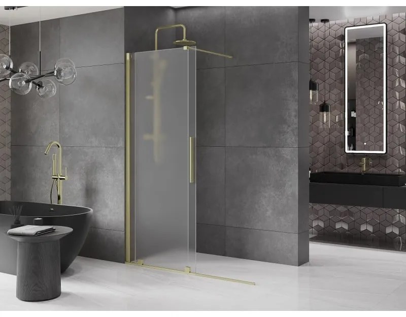 Mexen Velar, sprchová zástěna s posuvnými dveřmi Walk-in 130 x 200 cm, 8mm sklo námraza, zlatá matná, 871-130-000-33-55