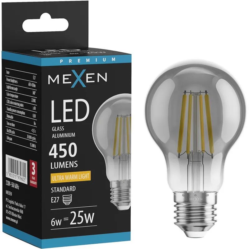 Mexen Vintis LED vlákno žárovka E27, A60, 6W, Teplá - 2200K, 450 lm, kouřová - L150-E27-0622-70