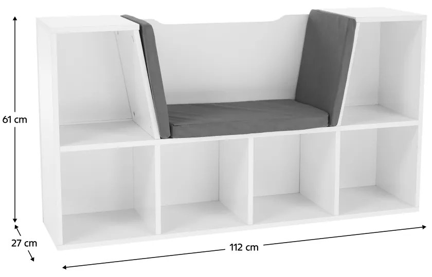 Kondela Dětská knihovna s místem k sezení, bílá/šedá, FERIA