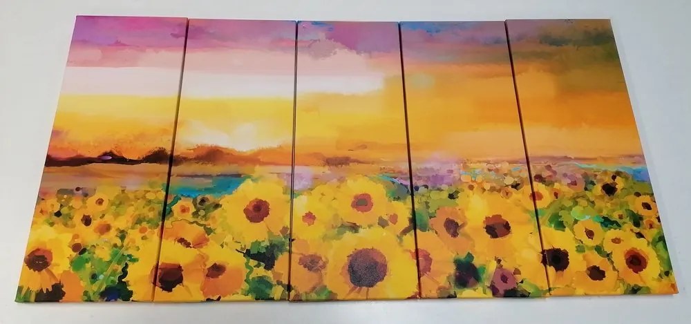 5-dílný obraz slunečnicové pole - 200x100 cm
