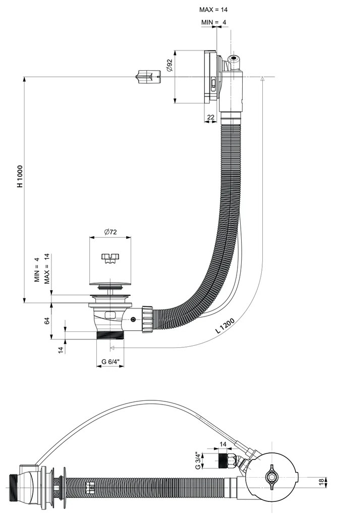Polysan Vanová souprava s napouštěním bovden délka 1200 mm zátka 72 mm černá mat 71857.21