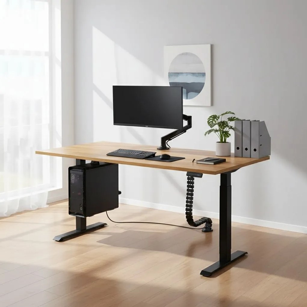 Výškově nastavitelný stůl OfficeTech C, 200 x 80 cm, černá podnož, dub zlatý