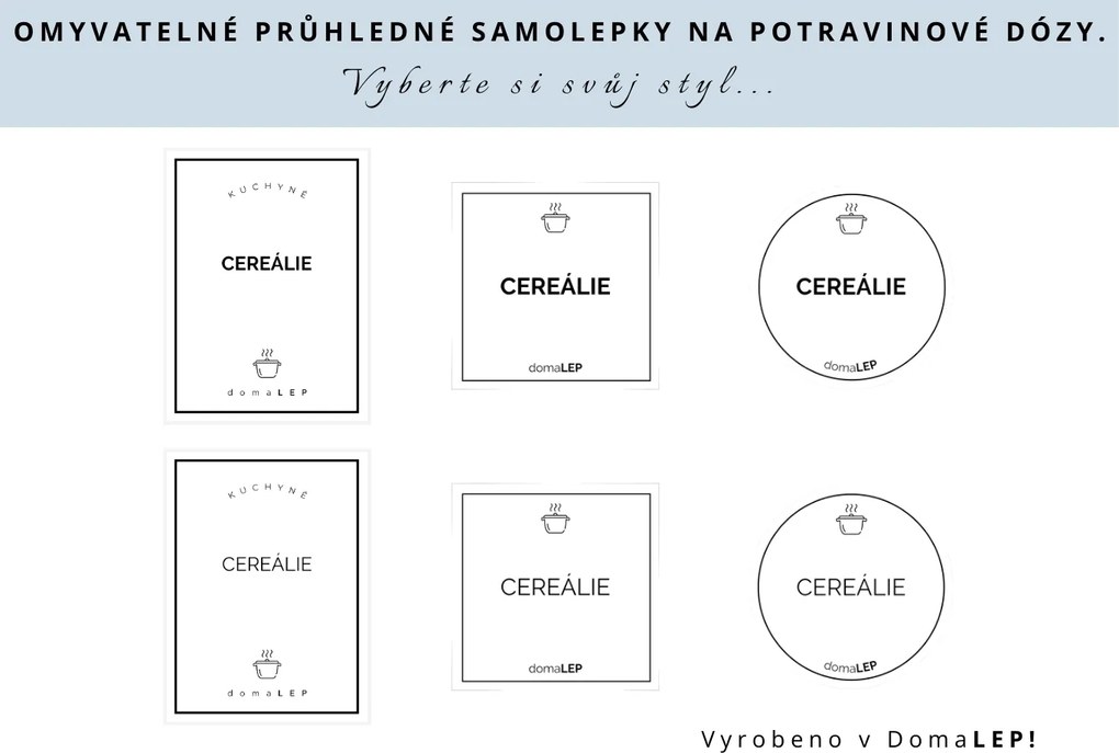 CEREÁLIE - omyvatelná samolepka na dózu, výběr rozměrů Ø 5 cm / 5 x 5 cm / 6 x 8 cm | DomaLEP tvar: OBDÉLNÍK, barva: PRŮHLEDNÁ - ČERNÉ písmo, velikost: š. 6 cm x v. 8 cm – základní písmo