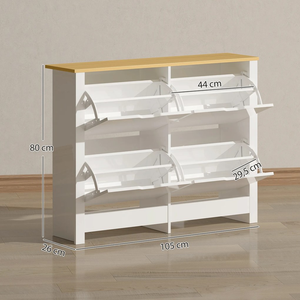 HOMCOM úzký botník s 4 výklopnými přihrádkami – úsporný regál na boty až pro 16 párů, 105 × 26 × 80 cm (bílá / přírodní)
