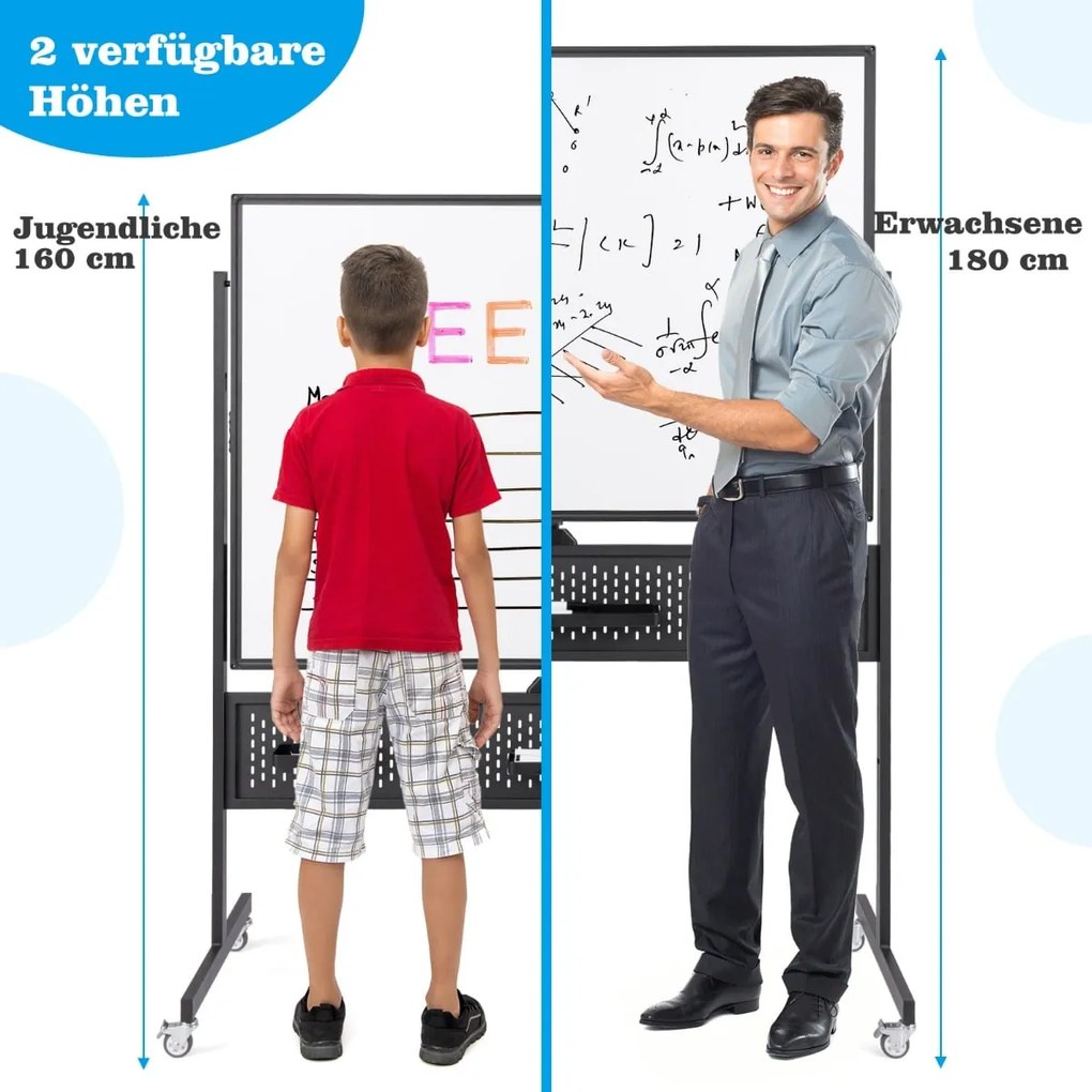 Costway Oboustranná mobilní tabule s kolíčkem, kolečky a stojanem – 120 × 90 cm