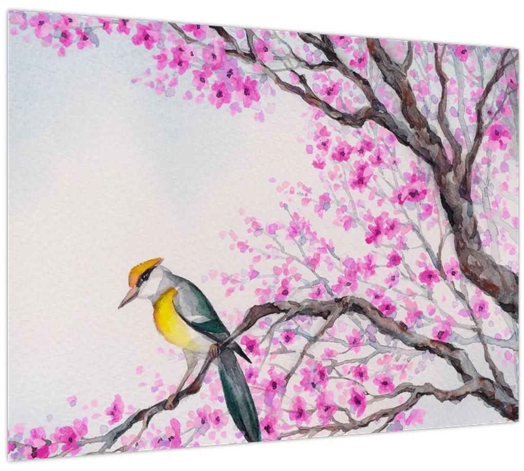 Obraz - Ptáček na stromě s růžovými květy (70x50 cm)