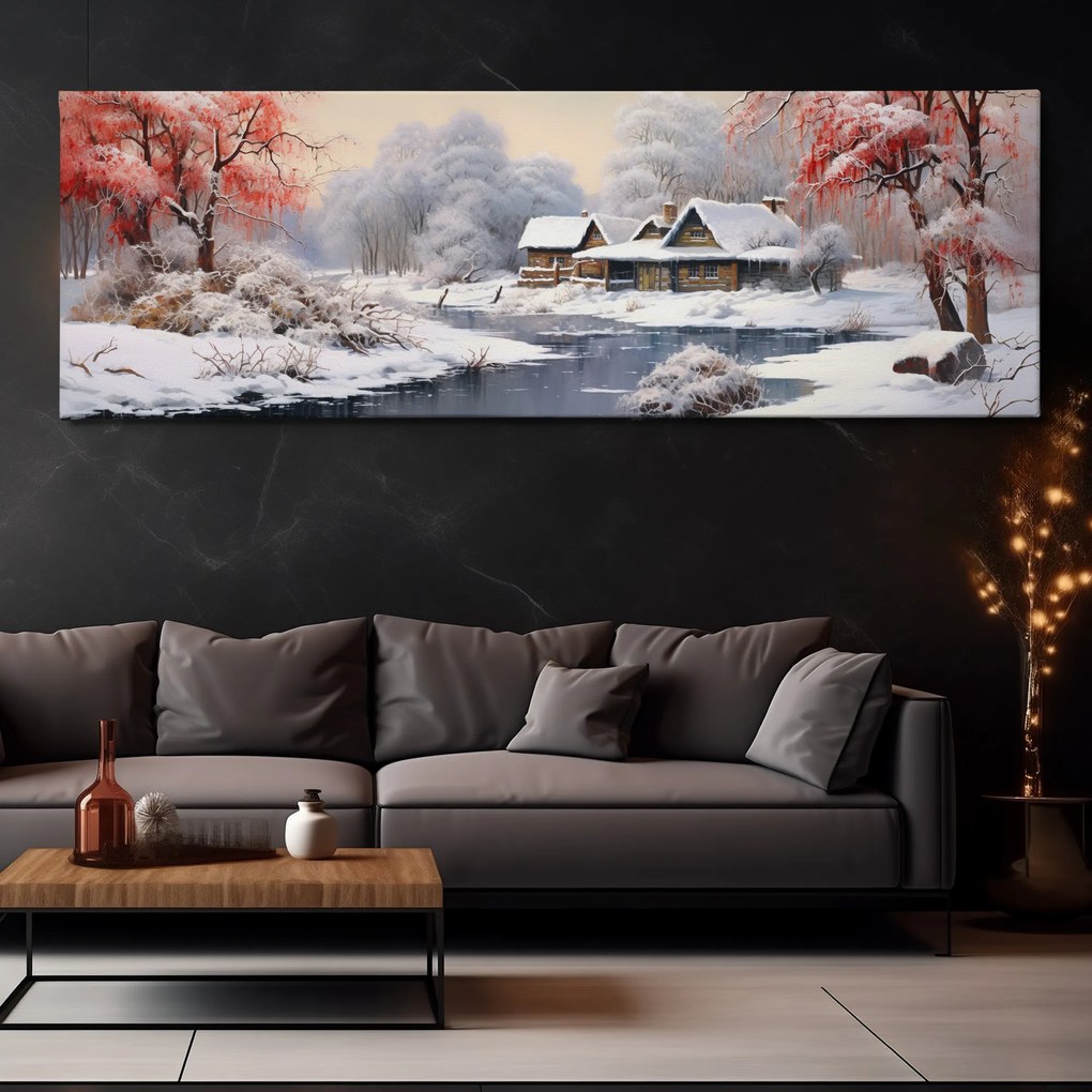 Obraz na plátně - Zimní krajina s chatou u říčky FeelHappy.cz Velikost obrazu: 240 x 80 cm